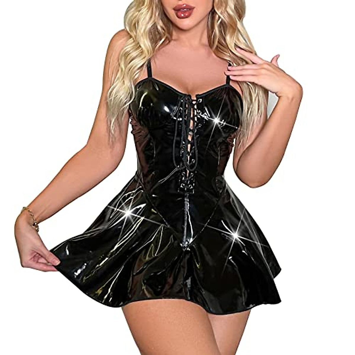 Oyolan Women Metallic Latex Leather Flared Dress Adjustable Spaghetti Straps Sleeveless Sexy Dress Black Large