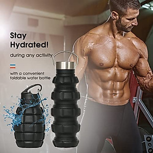 Collapsible Water Bottle 19.6oz - Gift Box, 2 Lids, Carabiner - Leak Proof Water Bottles for Veteran's Day - Reusable Water Bottles with Military Style - Travel Water Bottles - Gifts for Men (Black)