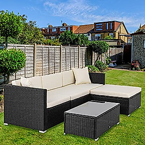 CharaVector Patio Furniture Set, Outdoor Sectional Rattan Sofa Wicker Conversation Couch Set 5 Pieces with Pillows&Coffee Table&Thick Cushions for Backyard Garden Poolside