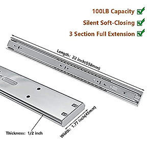 LONTAN 6 Pairs 22 Inch Soft Close Drawer Slides Dresser Drawer Slides - Heavy Duty Drawer Slides Metal Ball Bearing and Full Extension Cabinet Drawer Slides Kitchen 100 LB Capacity