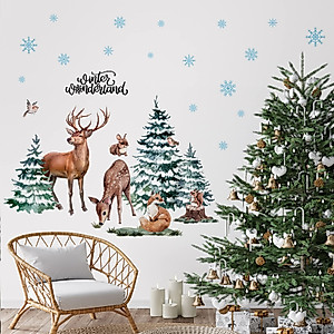 Mfault Winter Christmas Forest Deer Wall Decals Stickers, Xmas Wonderland Pine Tree Animals Elk Squirrel Rabbit Nursery Decorations Kids Bedroom Art, Snowflakes Baby Boys Girls Room Decor