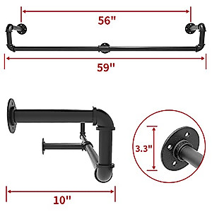 PNBO Wall Mounted Clothes Rack 59 in Length,Industrial Pipe Clothing Rack Wall Mounted Max Load 132Lb,Wall Mounted Garment Rack Space-Saving,Clothes Hanging Rod Bar Multi-Purpose Hanging