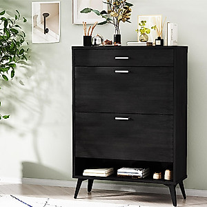 AWQM Shoe Storage Cabinet for Entryway, Free Standing Shoe Organizer with 2 Flip Drawers，Hidden Shoe Rack Storage Organizer for Doorway Hallway Closet, Black