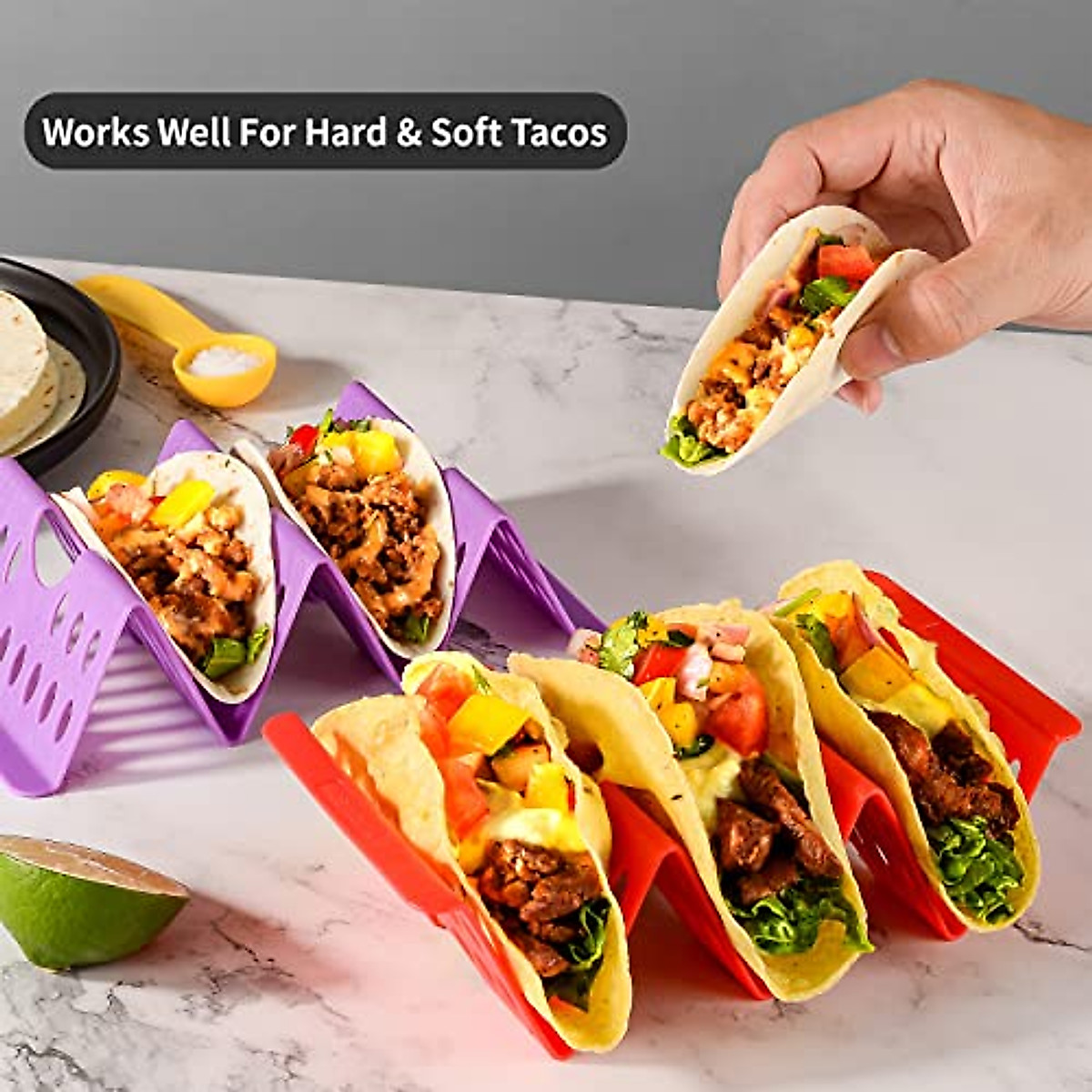 Premium Large Taco Holder Stand, Colorful Taco Holders Set of 6 or 4, Taco Stands for 3 Tacos, Soft or Hard Taco Shell Holder, Street Taco Rack, Taco Tray Plates, BPA Free, Dishwasher&Microwave Safe