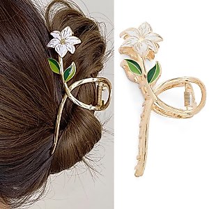 Hair Claw Clips Acrylic Barrette Crab Headband Ponytail Thick Gold Curly Hair Clip Gothic Styling Accessories White Lily Flower Metal 4.3 Inches Non-slip Suitable for Women Beauty Decor
