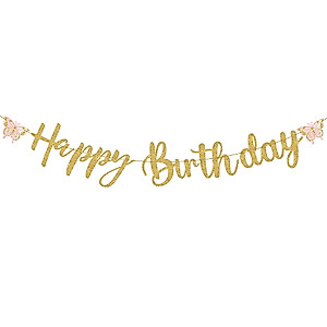 KatchOn, Glitter Gold Happy Birthday Banner - Pre-Strung, No DIY | Butterfly Birthday Banner | Gold Happy Birthday Sign for Girls, Gold Happy Birthday Decorations for Women, Birthday Party Decorations