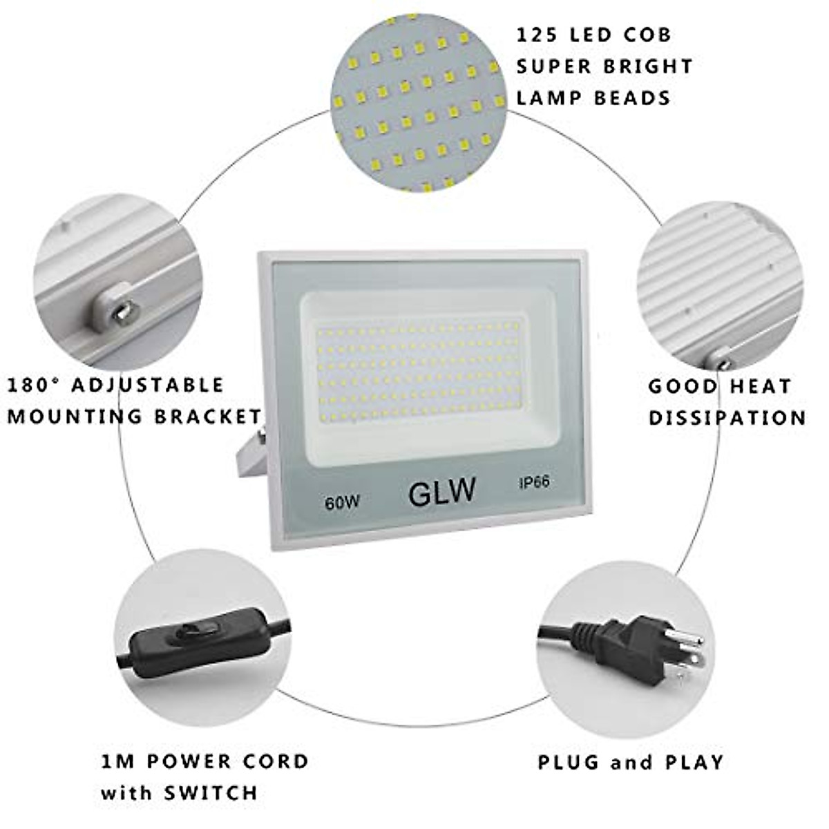 GLW LED Flood Lights 60W 3 Pack, 6000lm Super Bright Floodlight IP66 Waterproof Outdoor Security Work Light with Plug, 6000K Daylight White Light for Garden Backyard Playground Yard Garage