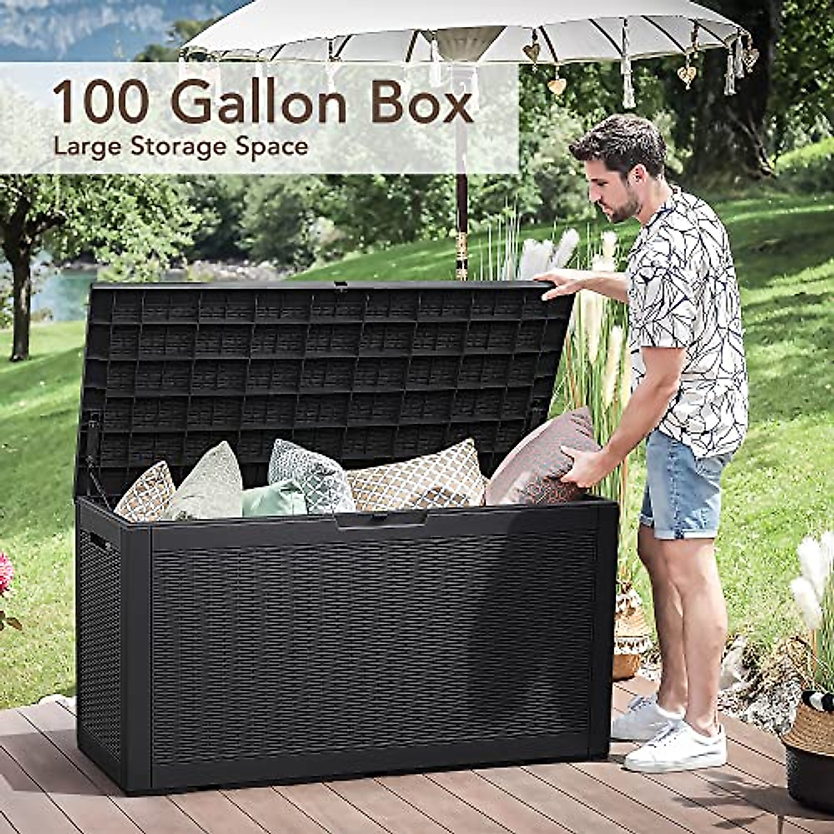 Homall 100 Gallon Large Resin Deck Box Waterproof Outdoor Storage with Padlock Indoor Outdoor Organization and Storage Container for Patio Furniture Cushions, Pool Toys, Garden Tools (Black)