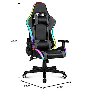 Gaming Chair with Speakers Video Game Chair with RGB LED Lights Ergonomic Racing Office Chair PU Leather Recliner Computer Chair Swivel E-Sports Chair with Lumbar Support Headrest Armrest, Black