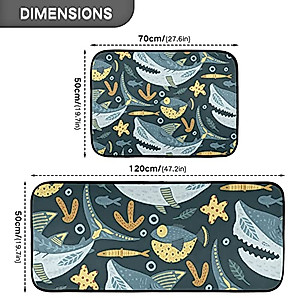 Funny Shark Fish Kitchen Rugs and Mats Set 2 Piece Non Slip Washable Runner Rug Set of 2 for Kitchen Sink Floor Home Decor Laundry