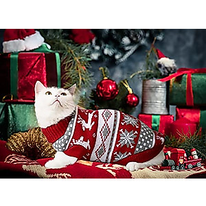 CooShou 3Pcs Christmas Dog Sweater Costume Xmas Cat Knitwear Clothes Navy Blue White and Christmas Red Sweaters with Reindeers Snowflakes Pattern for Kitten Cat Puppy Dog XS