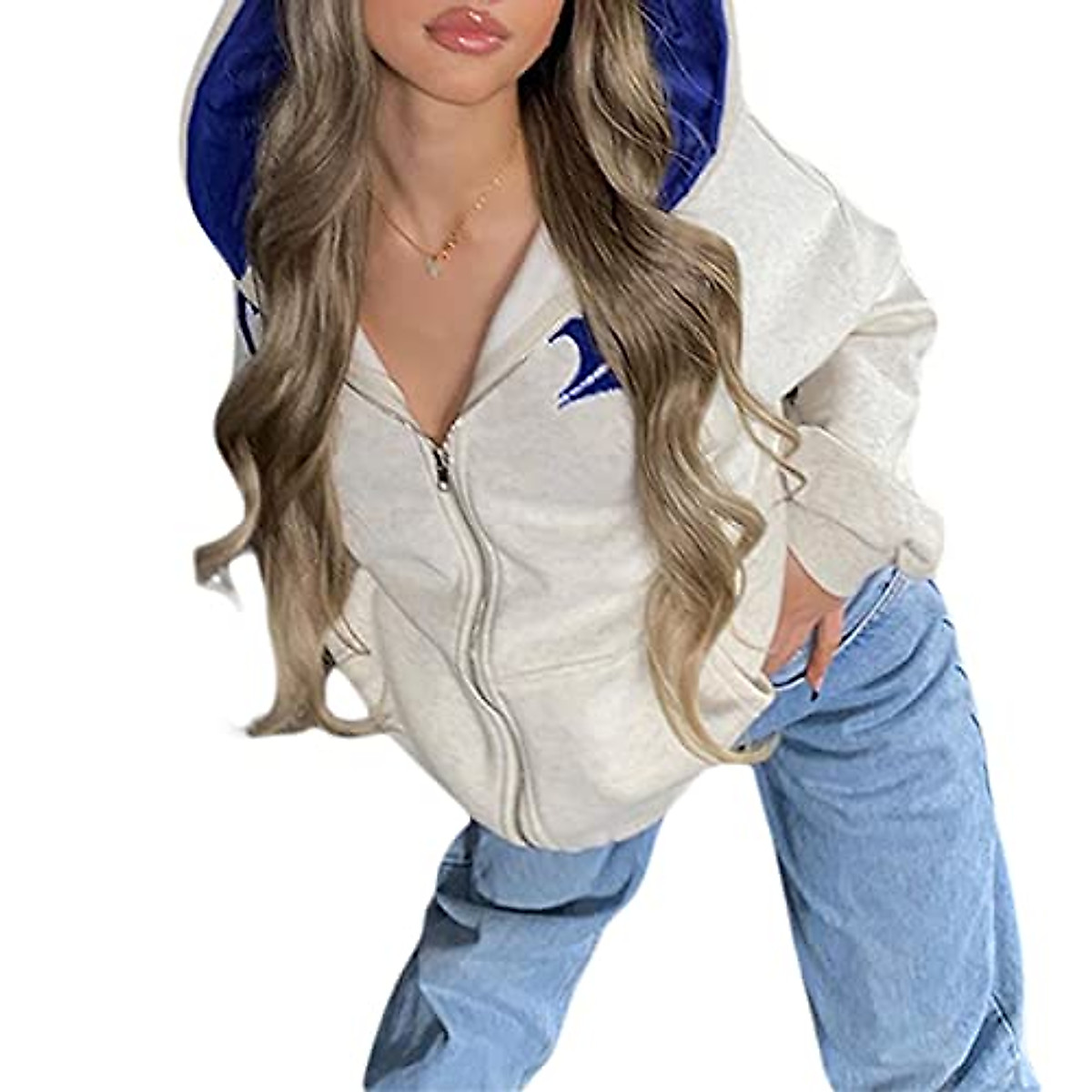 Womens Y2k Skeleton Zip Up Hoodies Rhinestone Graphic Oversized Pullovers Sweatshirt Goth jacket with Pockets(A-gray blue,L)