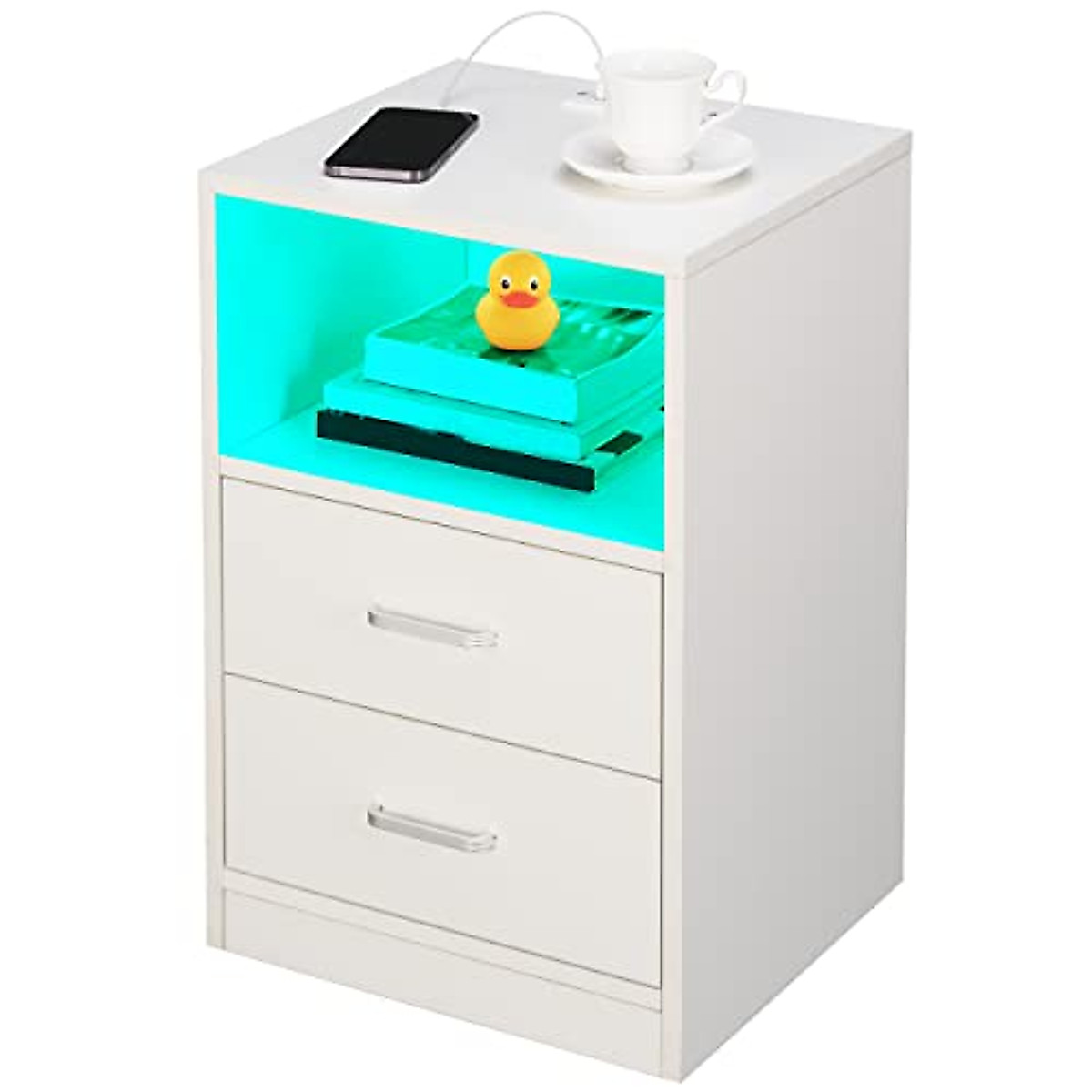 PrimeZone LED Nightstand with Charging Station - Modern End Table Bedside Table with USB Ports & Outlets, Wooden Bedroom Night Stand with 2 Drawers & Open Storage, White