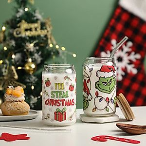 WODOHOLO Christmas Cups 16oz Christmas Coffee Can Glass with Lid and Straw Xmas Grin-ch Tree Tumbler Drinking Glasses Coffee Cups Decor Glass Water Bottles Gift for Women Kids Men