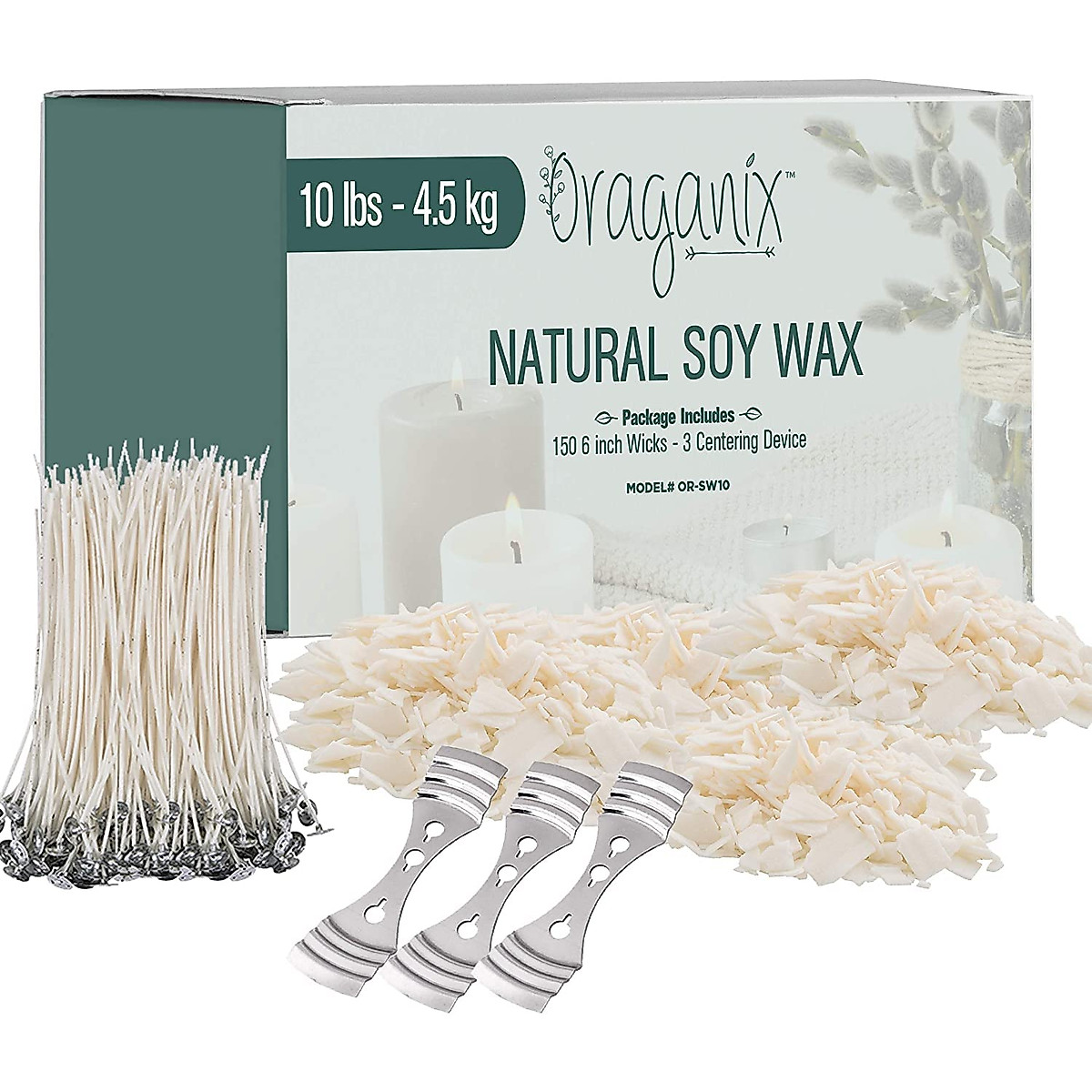 Oraganix DIY Candle Making Kit and Candle Making Supplies - 10 lbs Soy Candle Wax - 150 6-Inch Pre-Waxed Candle Wicks - 3 Metal Centering Devices - Bulk 10 lb Soy Wax Flakes