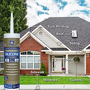 GE Advanced Silicone Caulk for Window & Door - 100% Waterproof Silicone Sealant, 5X Stronger Adhesion, Shrink & Crack Proof - 10 oz Cartridge, White, Pack of 1