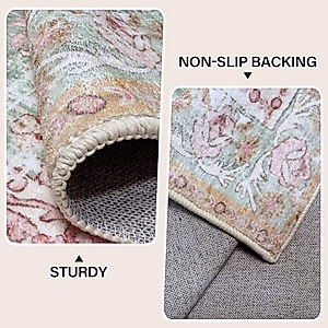 Vhong Washable Area Rugs Boho Vintage Modern Neutral Small Carpet Green and Pink High Traffic Rugs 3×5 for Dinning Room Living Room Bedroom Farmhouse Non Slip