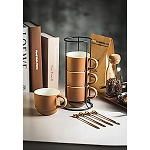 YHOSSEUN 11 Oz Coffee Mug Set Porcelain Stackable Mug with Stand and Metal Spoon - Tea Cups Demitasse Cups for Drinks, Espresso, Latte - Porcelain Stackable Coffee Mugs with Rack Set of 4, Brown