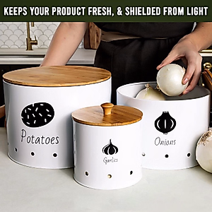 Potato and Onion Storage Bin with Wooden Lid – Set of 3 Garlic, Onion, And Potato Storage for Pantry - Potato Onion Kitchen Storage Canisters – Aerating Tin Storage Holes Keeps Vegetable Fresh