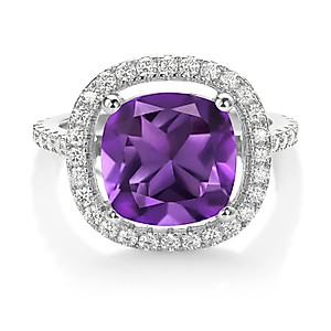 Gem Stone King 925 Sterling Silver 10MM Cushion Cut Gemstone Birthstone and White Moissanite Engagement Ring | Wedding Anniversary Promise Ring For Women | Ring Size 5-9