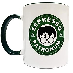 Mean Muggin Espresso Patronum Potter Themed 11oz Ceramic Mug/Cup - Green Inside & Handle - Harry P - Giftable Foam Box Protection