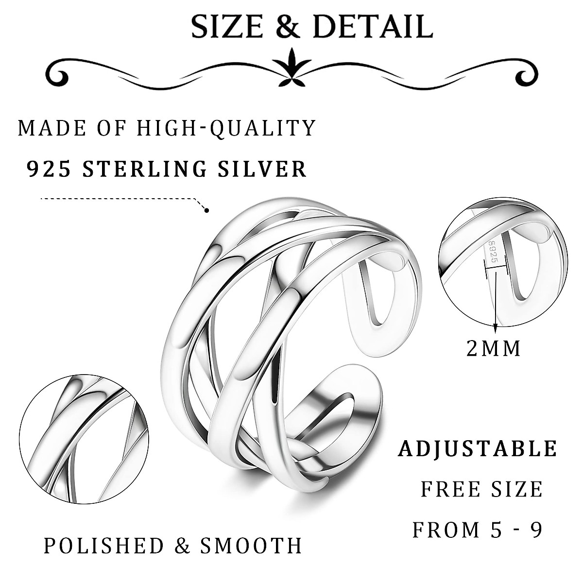 ZELORES 925 Sterling Silver Celtic Knot Rings Open Knuckle Rings for Women Adjustable Thumb Finger Rings Minimalist Cross Line Band Rings (Silver)