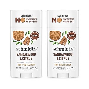 Schmidt's Aluminum-Free Vegan Deodorant Sandalwood & Citrus 2 Count for Women and Men, with 24 Hour Odor Protection, Natural Ingredients, Cruelty-Free, 2.65 oz