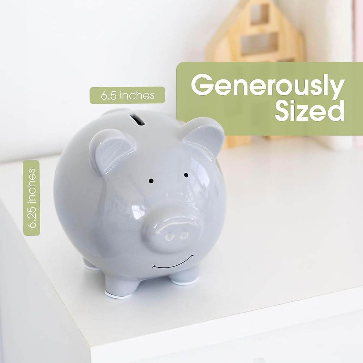 Pearhead Large Ceramic Piggy Bank, Ideal for Boys and Girls, Kids Money and Coin Bank, Perfect Baby Boy Nursery Décor, Great Gift and Newborn Keepsake, Solid Gray