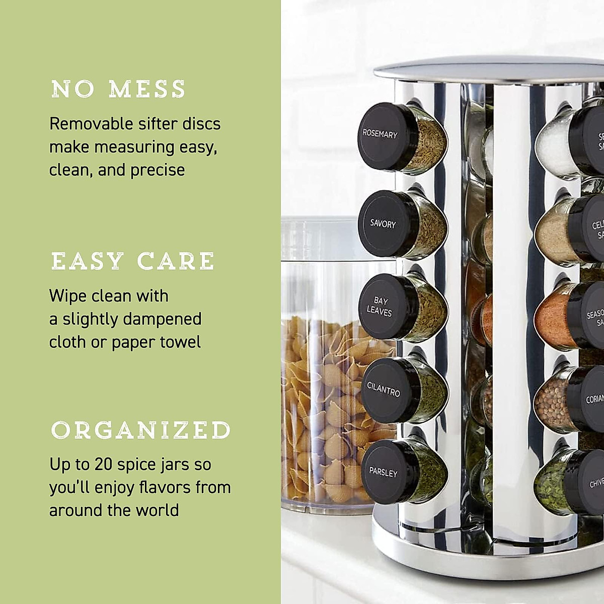 Kamenstein Revolving 20-Jar Countertop Rack Tower Organizer with Free Spice Refills for 5 Years, Polished Stainless Steel with Black Caps
