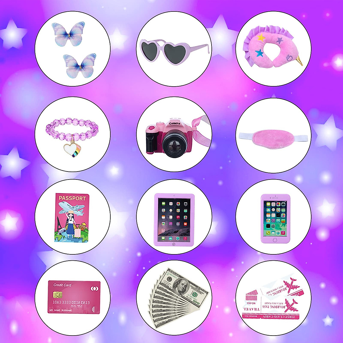 American18 Inch Doll Clothes and Accessories Travel Suitcase Play Set- Girl Doll Accessories Including Suitcase Luggage , Pillow, Sunglasses, Camera, Passport, Phone for Girls 18" Doll(No Doll)