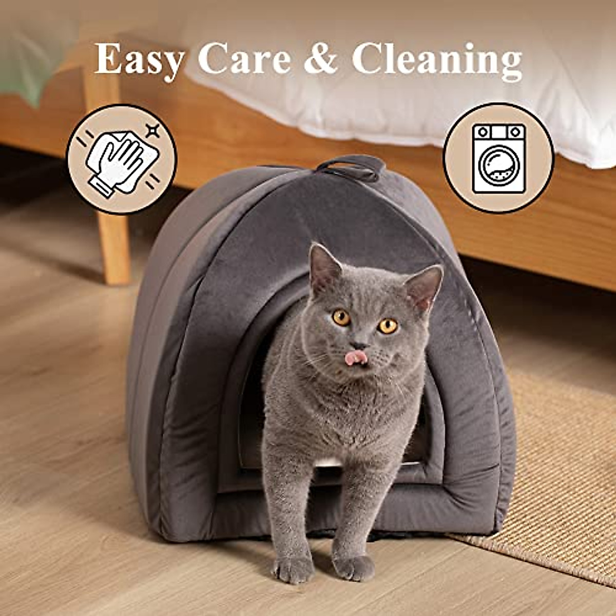 KASENTEX Cat Bed for Indoor Cats, 2-in-1 Cat House Pet Supplies for Kitten and Small Cat or Dog - Animal Cave, Cat Tent with Removable Washable Pillow Cushion (Dark Grey 15x15x15)