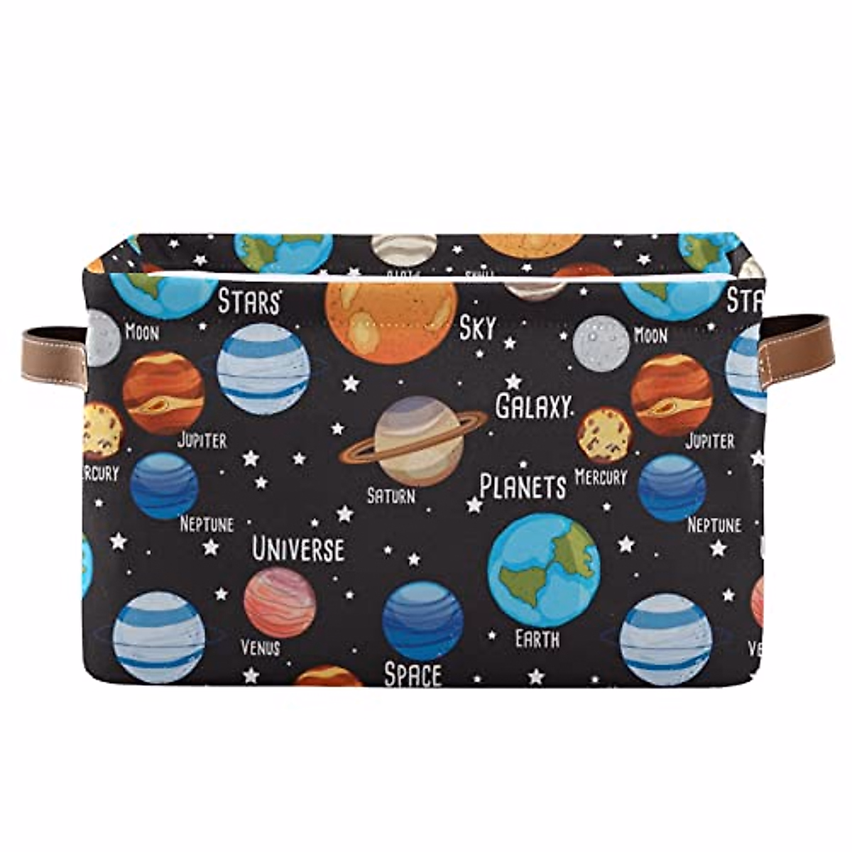 Kigai Solar System Storage Basket Collapsible Rectangle Storage Bin Shelves Basket Organizer with Leather Handle for Closet, Office, Nursery, Home Decor