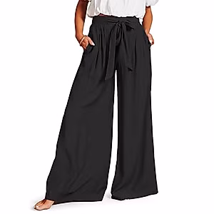 Rheane Wide Leg Pants for Women Palazzo Black Linen Flowy Pants High Waisted Smocked Waist Belt Boho Beach Holiday 2023 Fall (Black L)