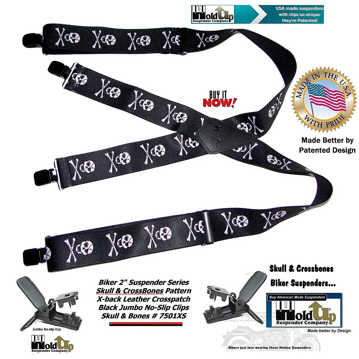 Holdup Suspender Company 2" wide Biker Skull & Crossbones Suspenders for Men with Patented Jumbo black metal no-slip Clips