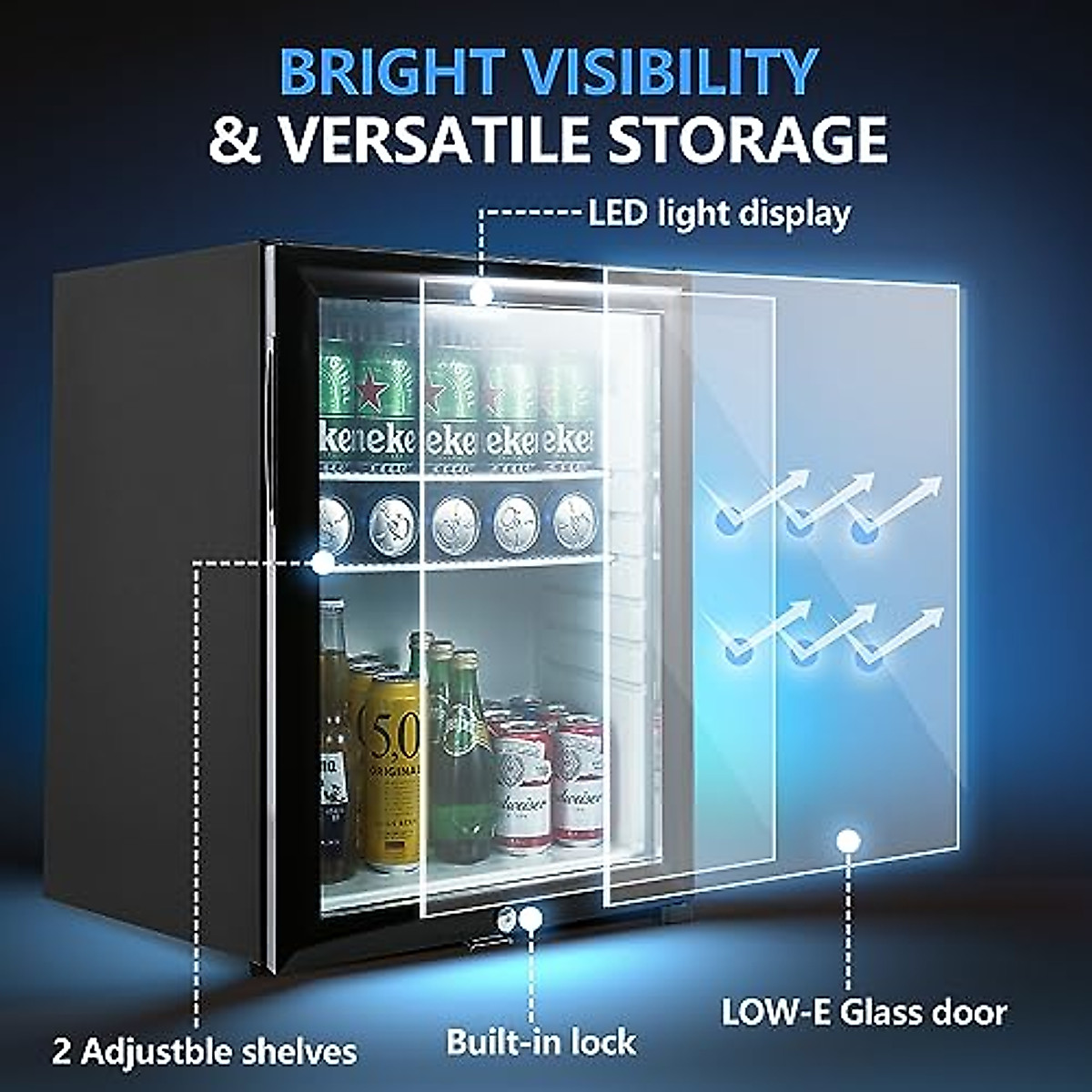 KICHKING 1.7 Cu.ft Ultra Quiet Compact Fridge No Noise Mini Absorption Fridge Beverage Refrigerator Cooler with Glass Door Under Counter Refrigerator Adjustable Shelves Lock for Home Office Bar