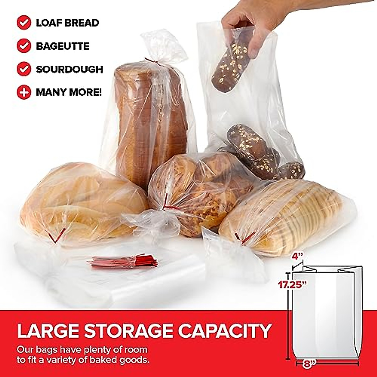 100 Pack Clear Plastic Bread Bags for Homemade Bread Adjustable and Reusable Large Disposable Storage Bag with Twist Ties for Fresh Home-Made Sourdough Loaf, Freezer Safe Airtight BPA-Free