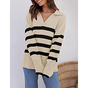 ZESICA Women's Winter Sweaters Lapel V Neck Long Sleeve Striped Chunky Knit Oversized Pullover Sweater Jumper Tops,Apricot,X-Large