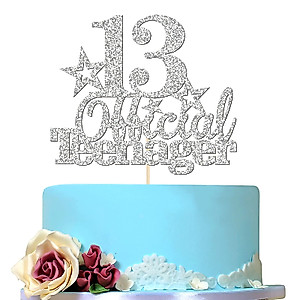 Glitter Silver 13 Official Teenager Birthday Cake Topper for Boy or Girl, Happy 13th Birthday Party Decoration, Hello 13 Cake Topper, Cheers to 13 Years, 13th Birthday Anniversary Party Supplies