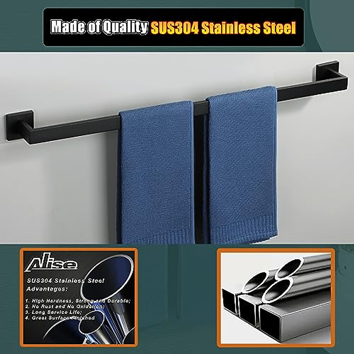 Alise Bath Towel Bars,28 Inch Towel Holder Towel Racks for Bathroom and Lavatory,SUS304 Stainless Steel Hand Towel Hanger Towel Rail Wall Mount,Matte Black