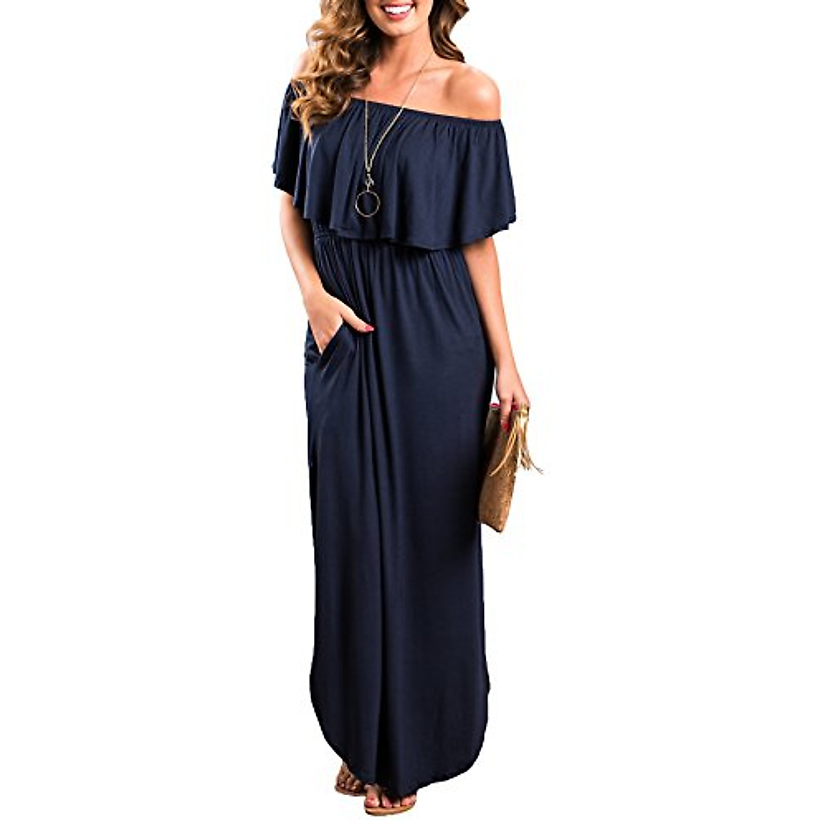 Womens Off The Shoulder Ruffle Party Dresses Side Split Beach Maxi Dress Navy L