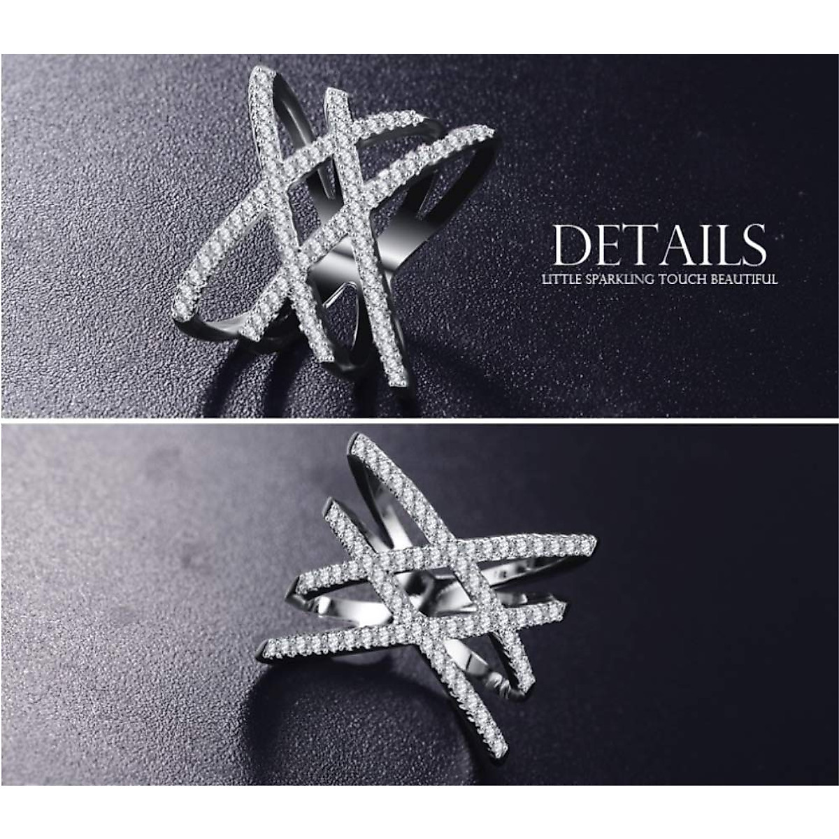 Blowin Double X Infinity Criss Cross Ring CZ Wide Band for Women Statement Engagement Enhancers Lady Ring, Silver Tone (6)