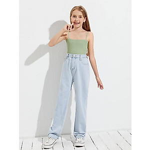 thefabland Girls Casual Denim Pants High Waisted Wide Leg Jeans with Pocket Light Blue