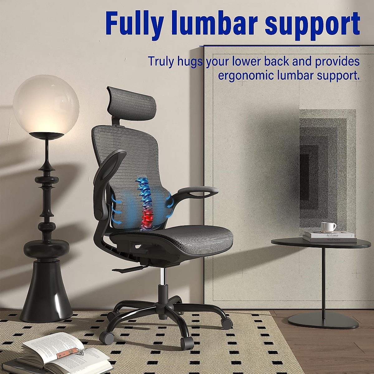GABRYLLY Ergonomic Office Desk Chair, High Back Mesh Chair with Adjustable Flip-up Arms, Swivel Computer Task Chair with Lumbar Support, Tilt Function for Home,Office & Student