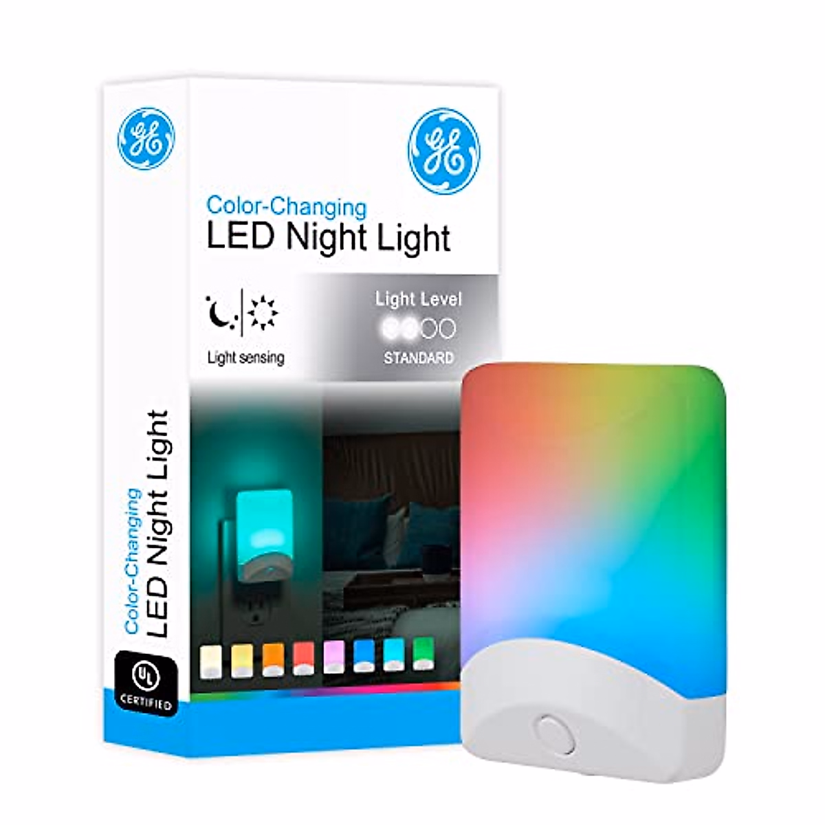 GE Color-Changing LED Night Light, 1 pack, Plug Into Wall, Dusk to Dawn Sensor, For bathroom, Childrens Room, Nursery, Safety Rated, White, 34693
