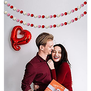 CAVLA 3 Pieces Valentine's Day Felt Ball Garlands Valentines Day Red Pink White Pom Pom Garlands 1 Inch Valentines Pompom Ball Banner for Mother's Day Wedding Engagement Hanging Decorations