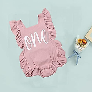 Puloru Baby Girl First Birthday Outfit ONE 1st Birthday Bodysuit Ruffle Romper with Headband Cake Smash Outfit (A Pink, 6-12 Months)