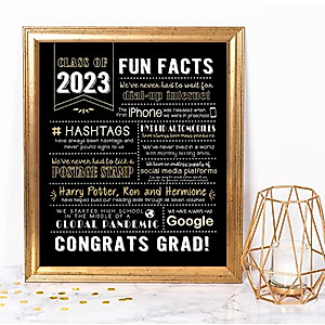 Katie Doodle - 2023 Graduation Decorations - Class of 2023 Decorations - Great Party Centerpiece, Card or Class of 2023 Gifts for Her or Him - 2023 Fun Facts Sign [Unframed], 8x10 inch, Black and Gold