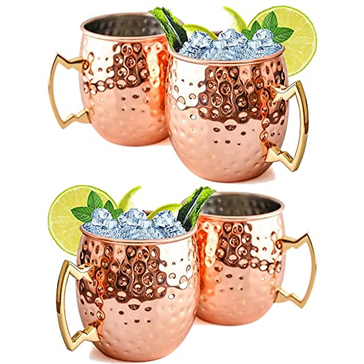 Copper Cure Moscow Mule Mugs | Large Size 19 ounces | Set of 4 Hammered Cups | Stainless Steel Lining | Pure Copper Plating | Gold Brass Handles Gift Pack