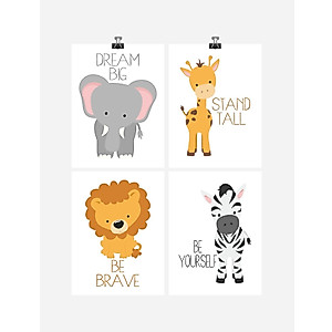 Safari Animals Motivational Nursery Art Print Set of 4 - Elephant Giraffe Zebra Lion - Multiple Sizes