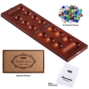Crobyi Mancala Board Game Set for Kids & Adults, Includes Portable Folding Rubber Wood Board, 48+5 Glass Stones, Stones Storage Bag & Mancala Instructions. Classic Marble Board Game for Family.